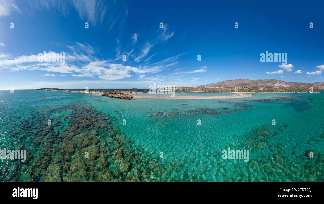 Panorama view to the Elafonisi beach in Crete, Greece. Crystal clear ...