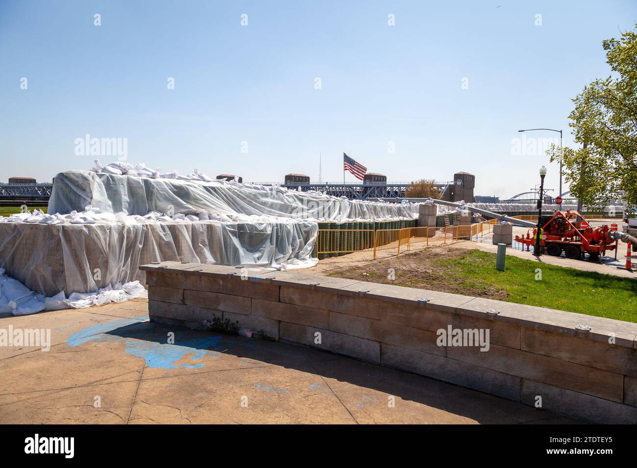 Temporary flood wall installed to to keep a river out of the city Stock ...