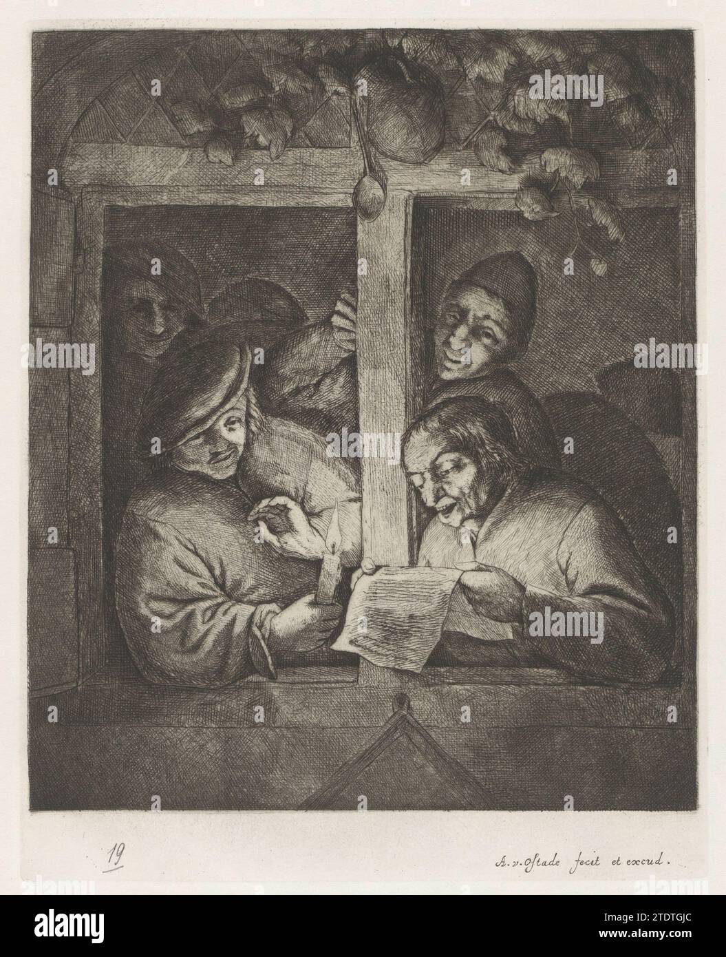 Three men sing from sheet of paper at candlelight in open window ...