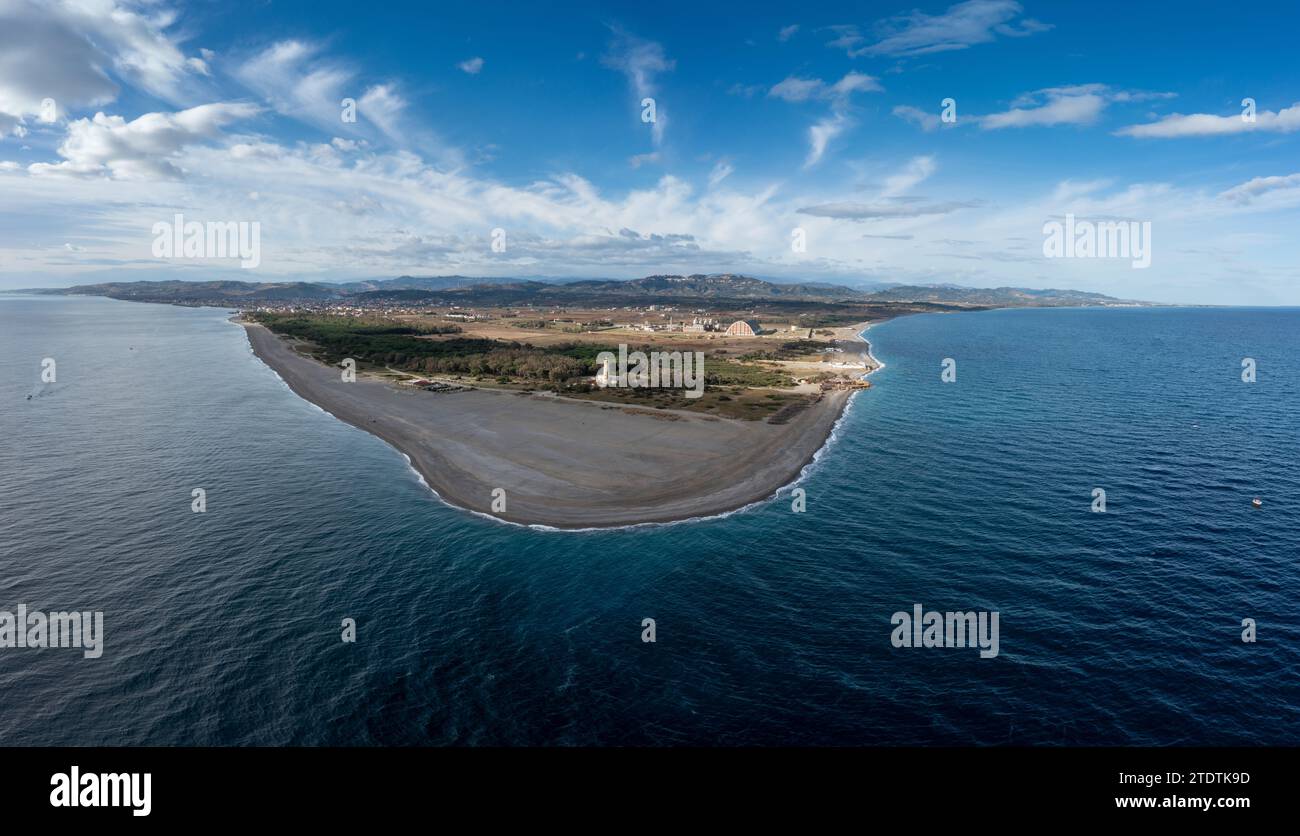 A panorama drone landscape view of Punta Alice beach and lighthouse in ...