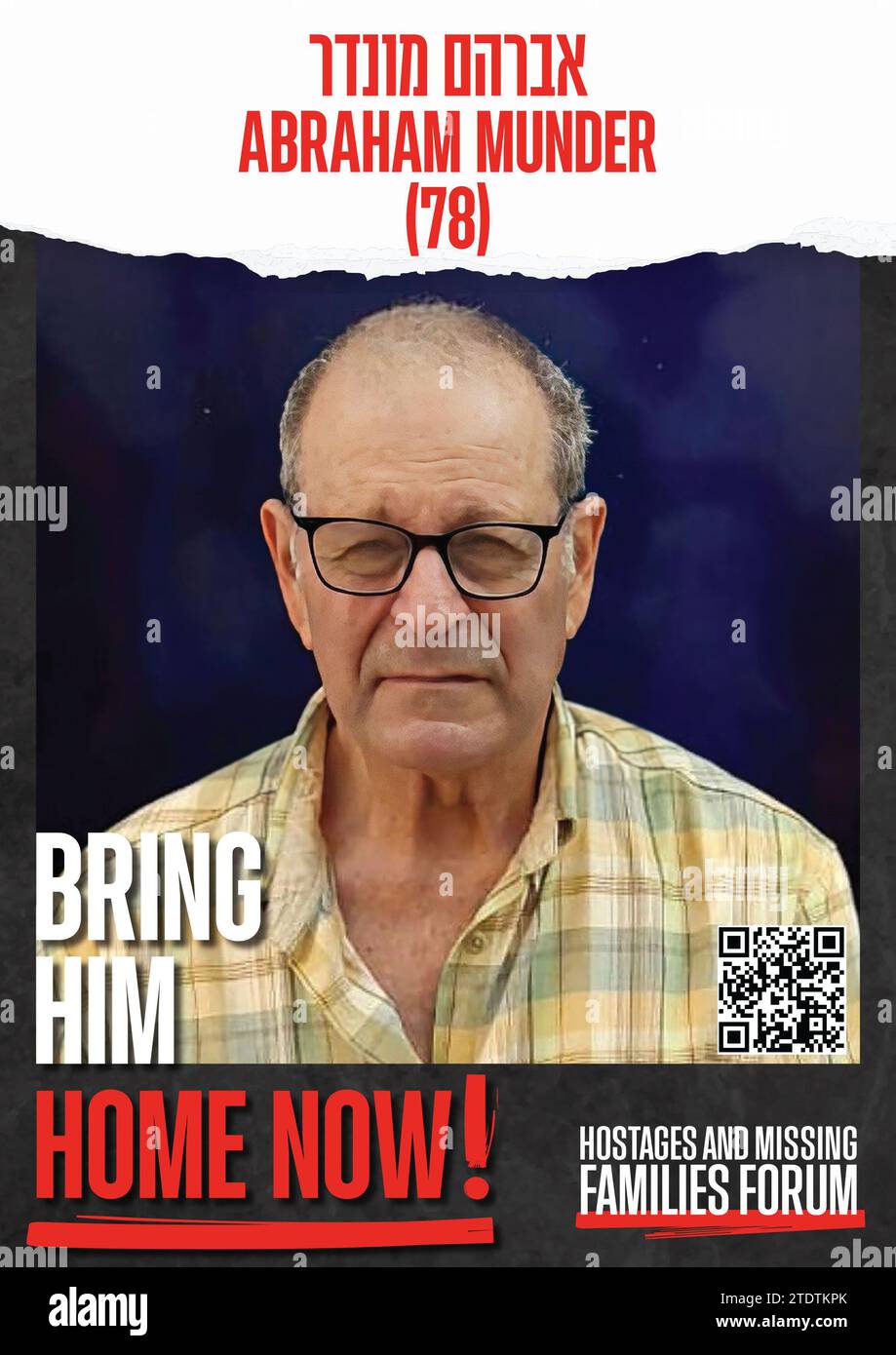Jerusalem, Israel. 19th Dec, 2023. Poster shows hostage ABRAHAM MUNDER (78) held by Hamas since ...