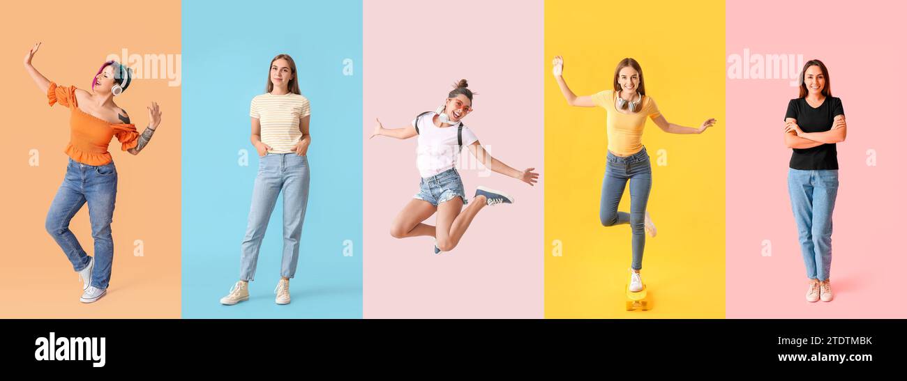 Set of cool women in stylish clothes on color background Stock Photo ...