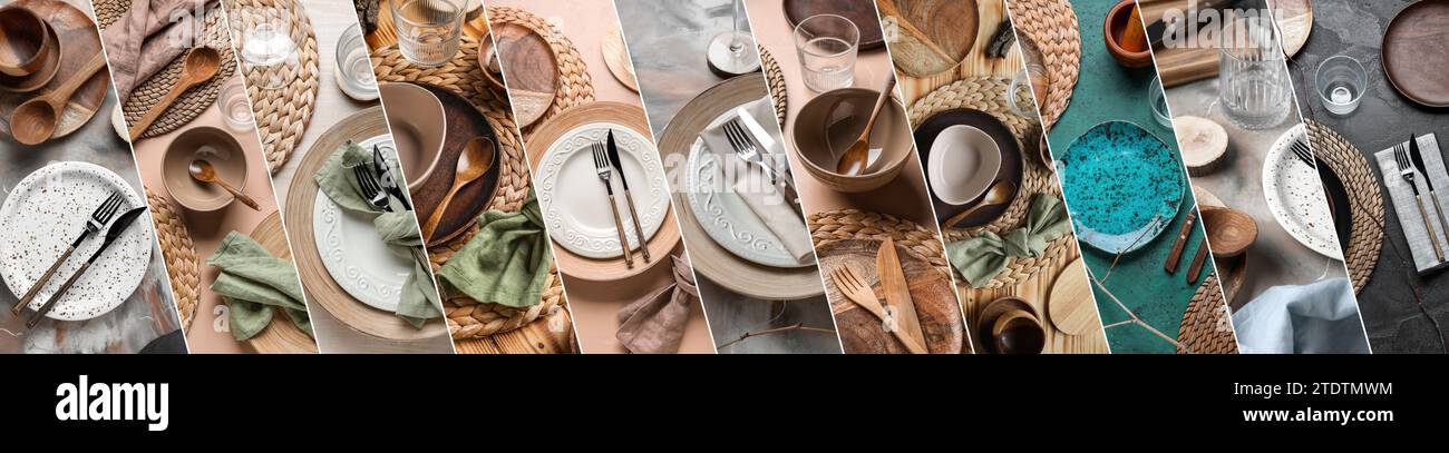 Set of eco table settings on color background Stock Photo - Alamy