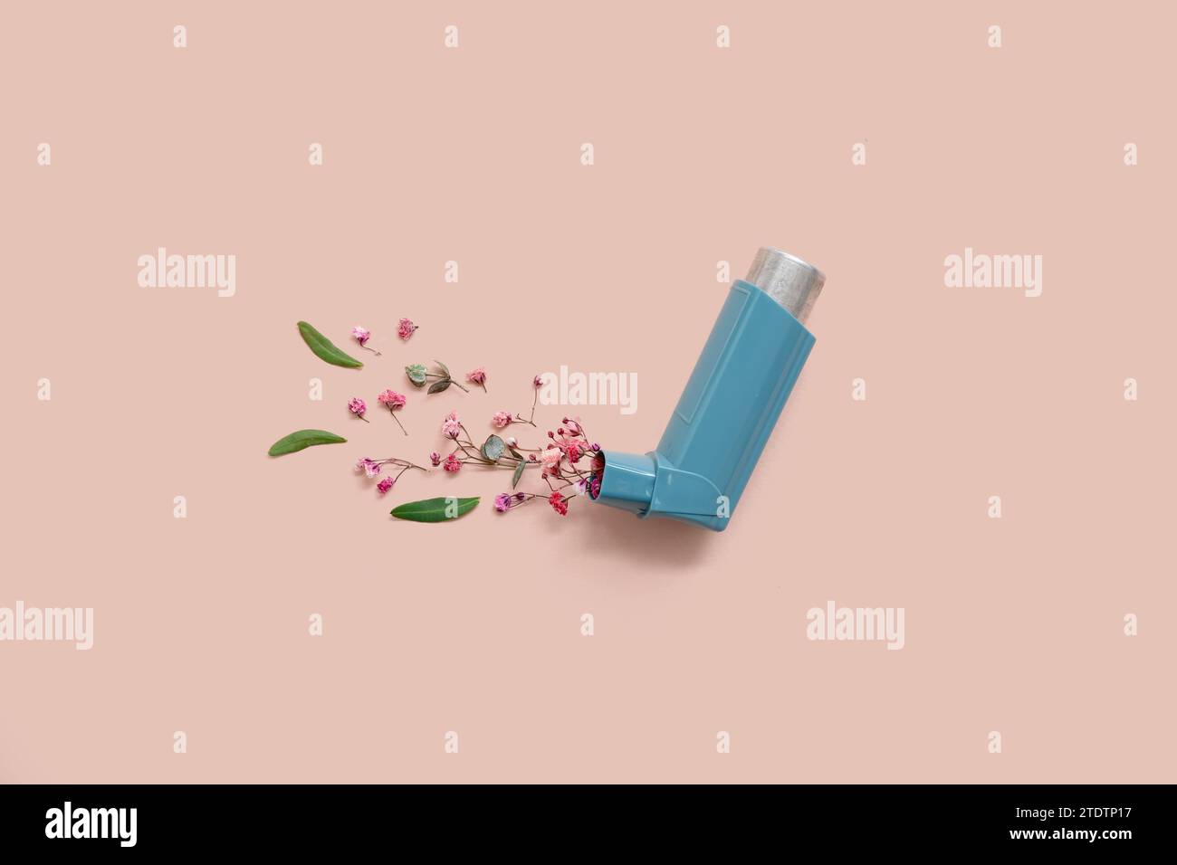 Composition with inhaler and flowers on color background Stock Photo ...
