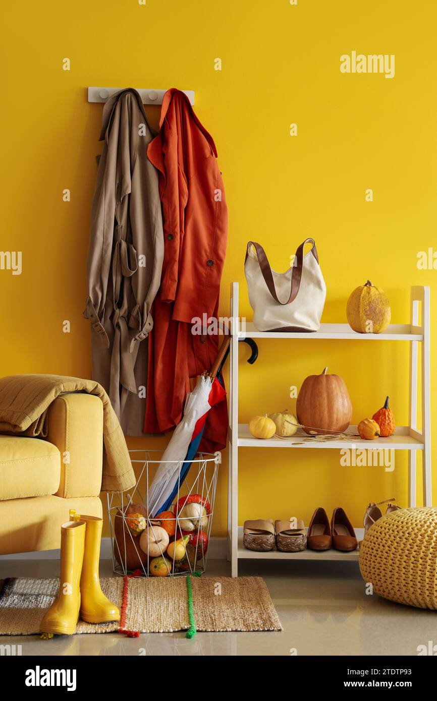 Interior of cozy hall with shelf unit and pumpkins Stock Photo - Alamy