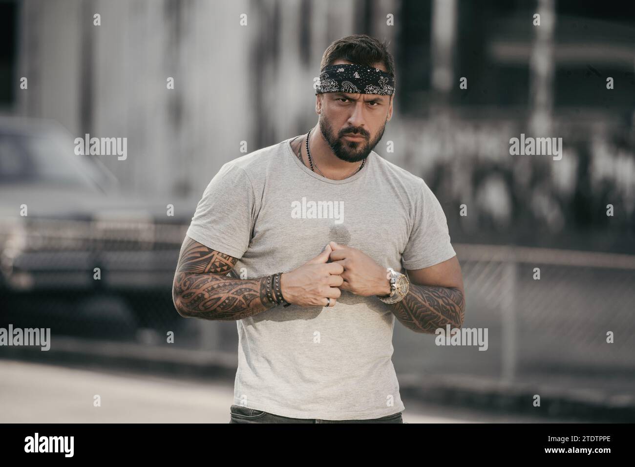 Gangster on the street. Crime, social issues, drugs. Hispanic gang ...