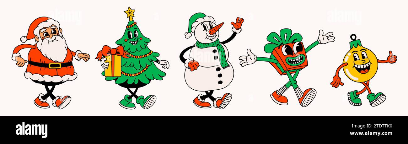 Retro style Christmas cartoon characters. Groovy vintage 70s funny ...