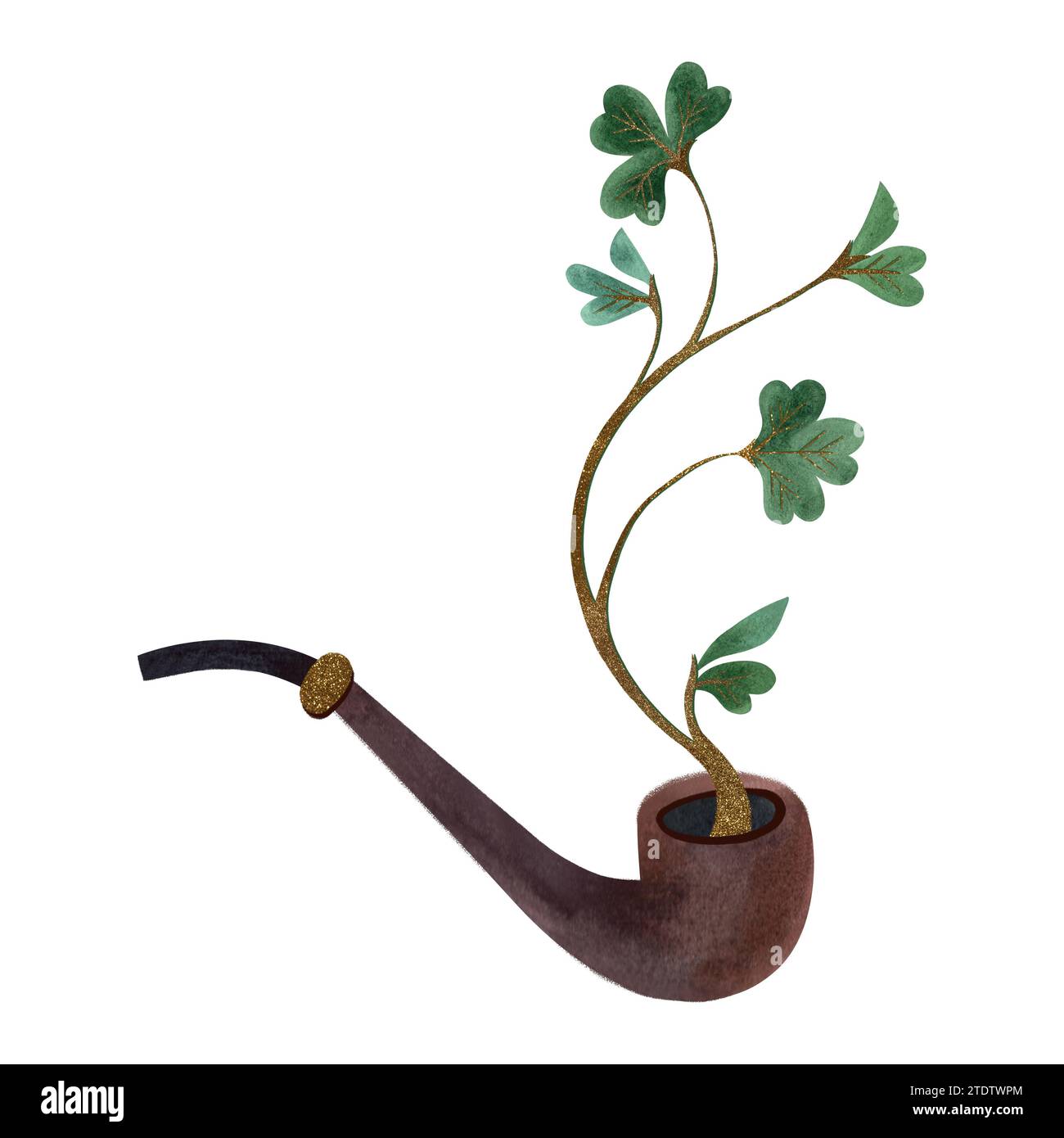 Wooden smoking pipe with gold decor entwined with shamrock clover ...