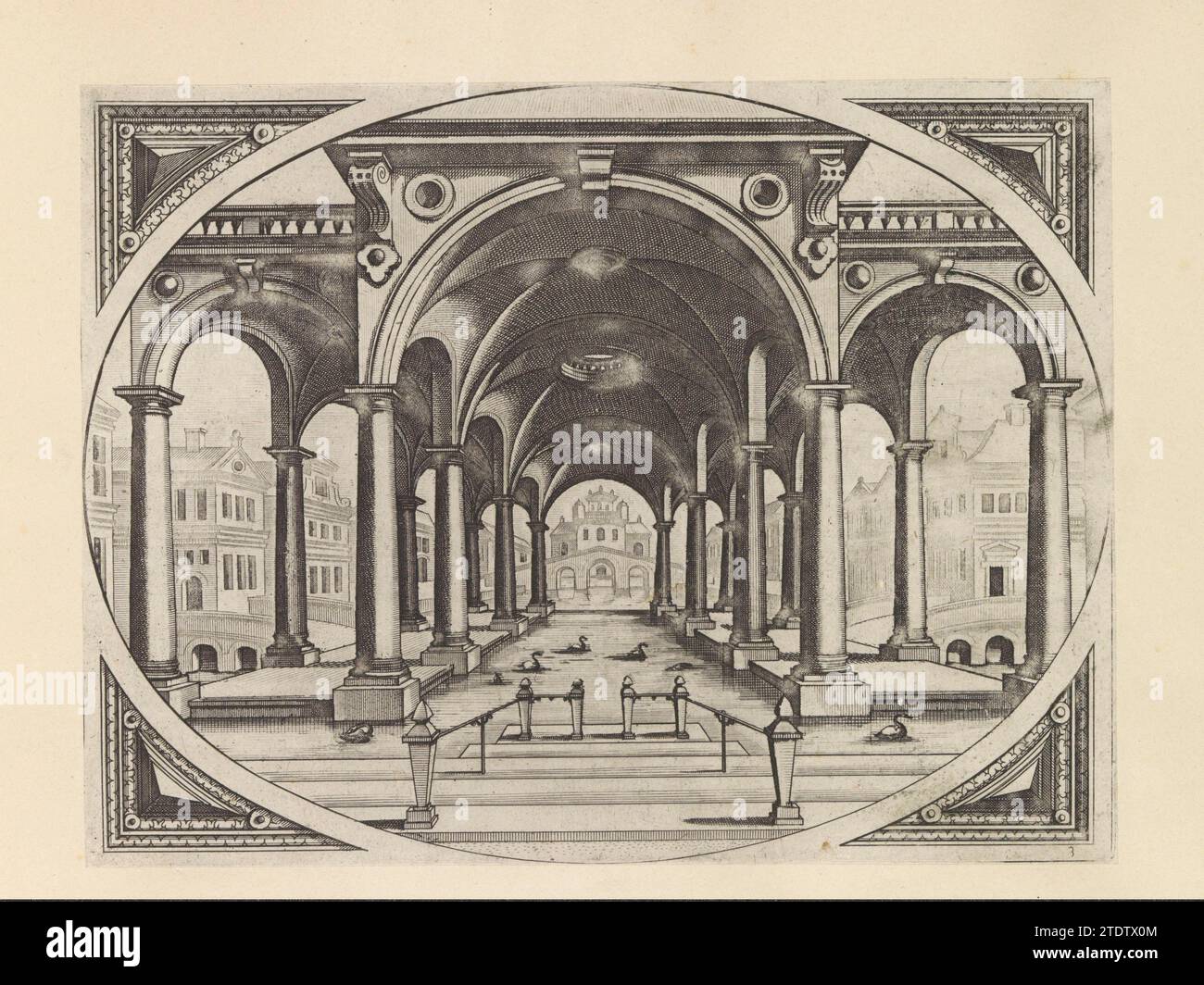 Open Colonnade with columns and cross vaults above a pond, Johannes or ...