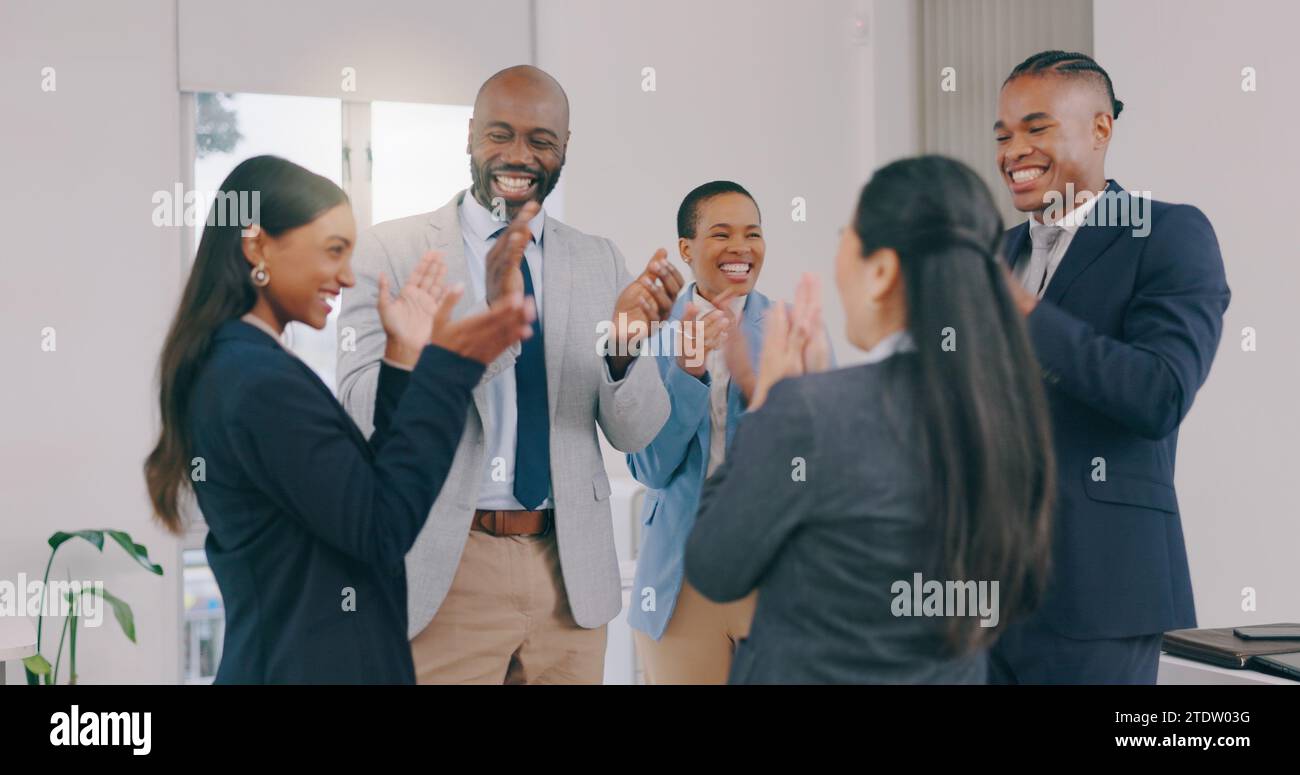 Business people, applause and promotion with celebration, smile and ...