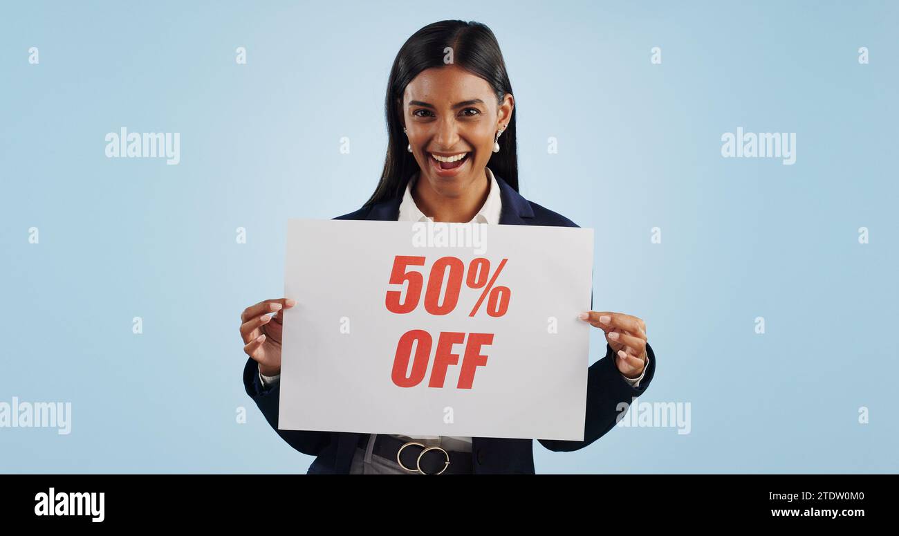 Happy woman, portrait and sign for advertising discount, deal or half ...