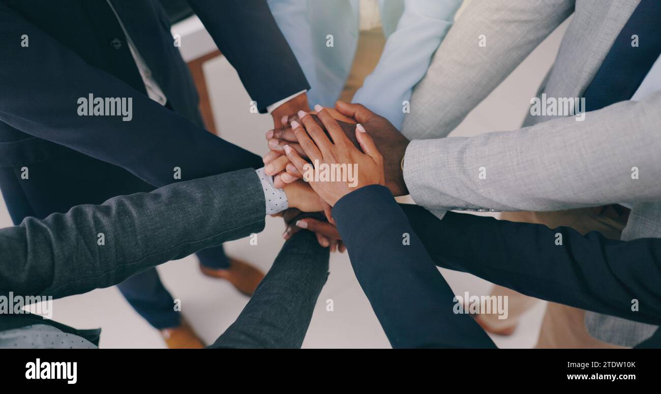 Hands together, closeup or business people with teamwork, support or solidarity. Team building ...