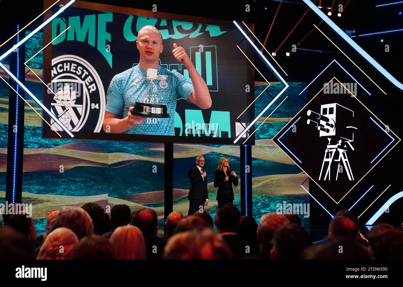 Manchester City's Erling Haaland speaks via video after winning the BBC ...