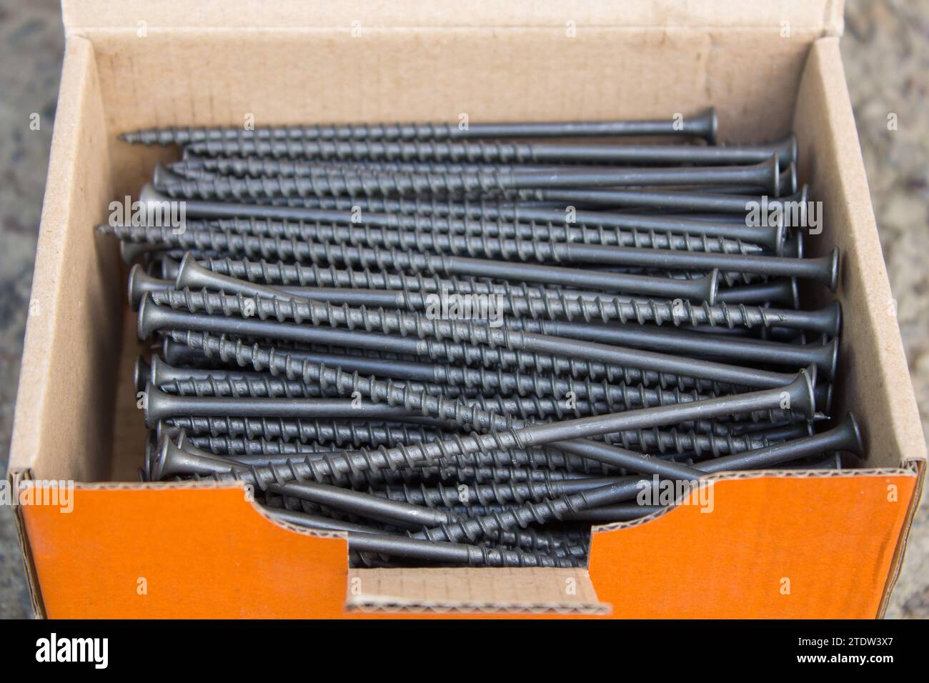 Self-tapping screw in cardboard box close-up black Stock Photo - Alamy