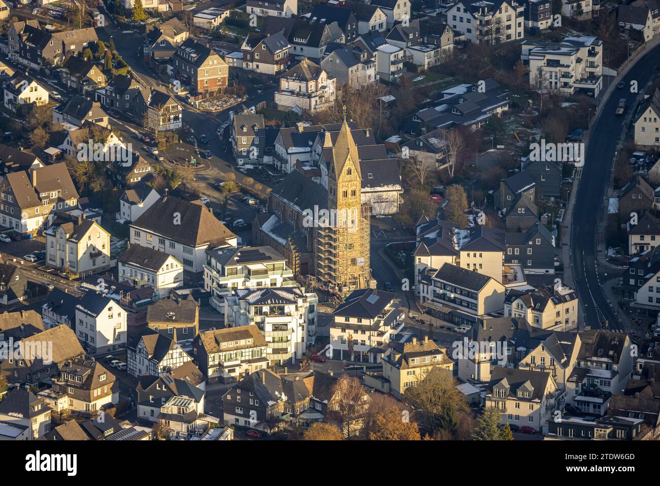 Aerial view, church tower renovation of St. Nicholas Church ...