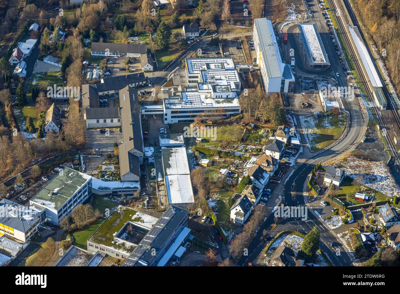 Aerial view, Olsberg railroad station with bus station, Berufskolleg ...