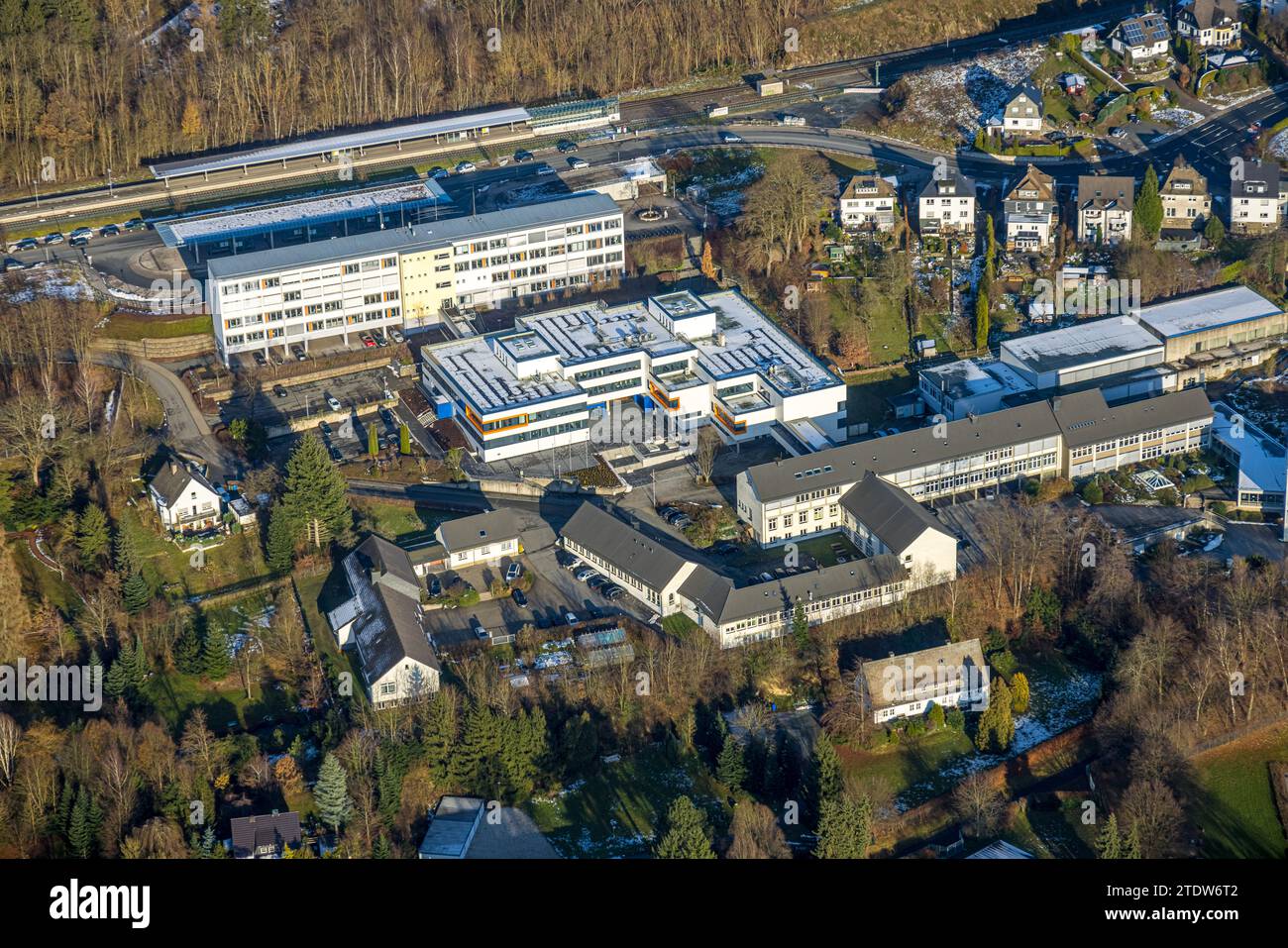 Aerial view, Olsberg railroad station with bus station, Berufskolleg ...