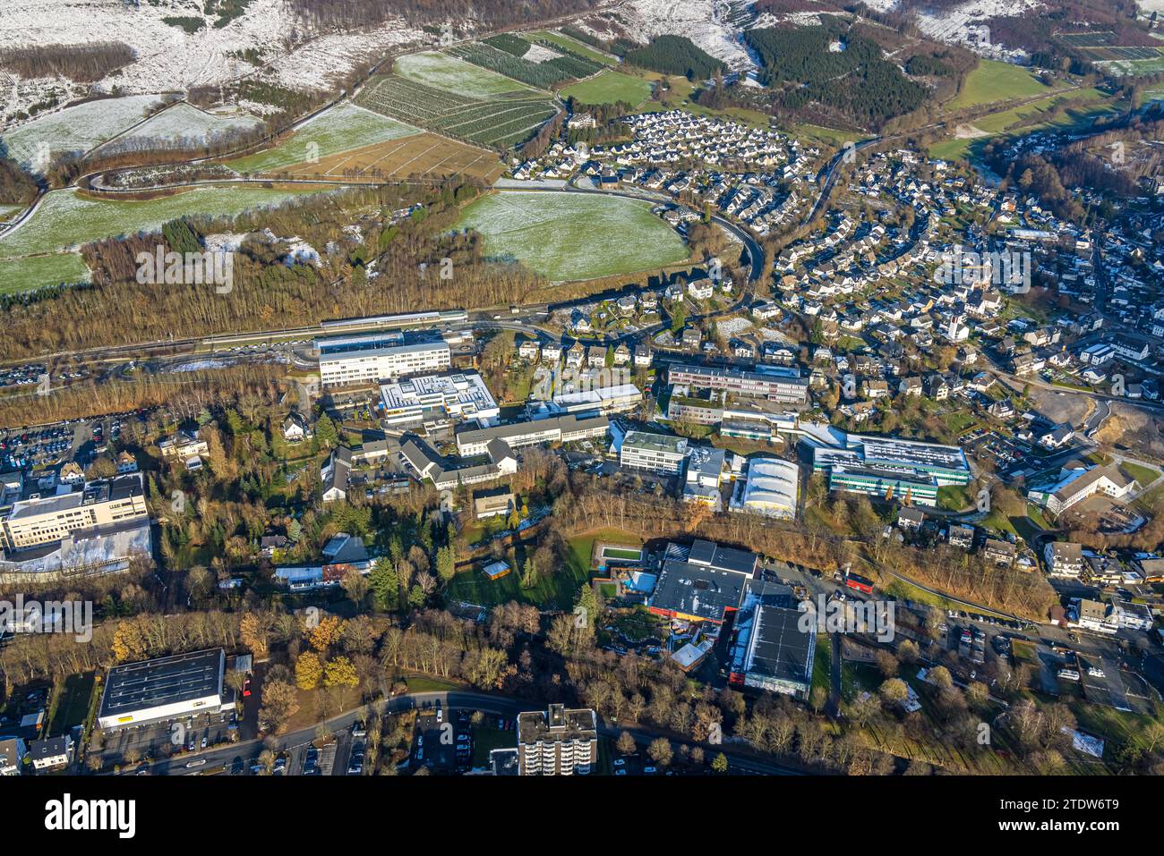 Aerial view, Olsberg railroad station with bus station, Berufskolleg ...