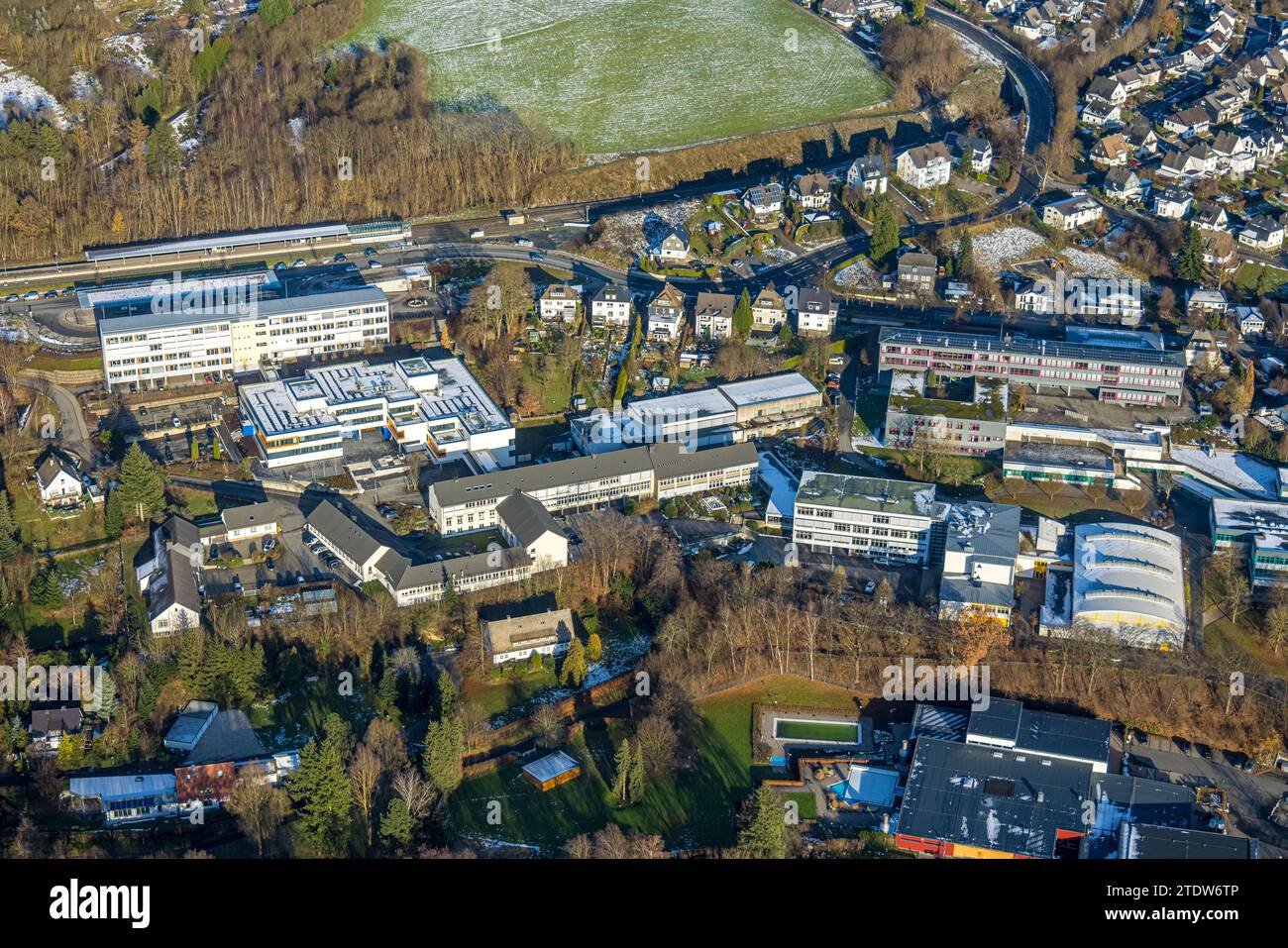 Aerial view, Olsberg railroad station with bus station, Berufskolleg ...