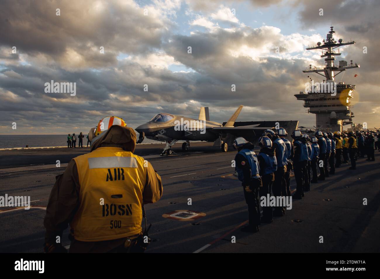 An F-35C Lightning II, assigned to Strike Fighter Squadron (VFA) 147 prepares to take off from ...