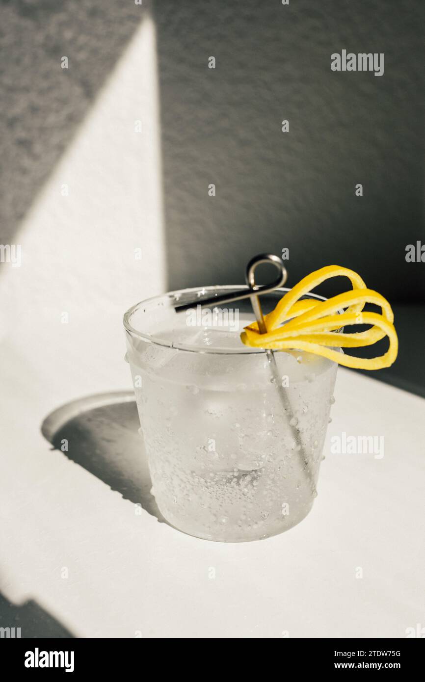 soda water with ice and cut lemon peel garnish on cocktail pick in the ...