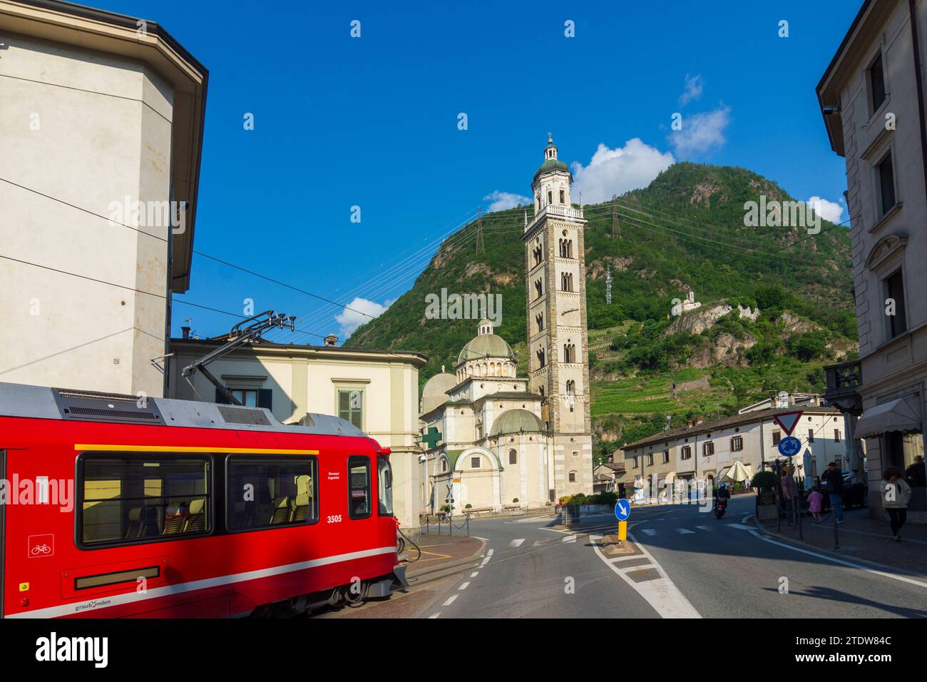 Tirano: church Basilica Madonna di Tirano, train of Bernina line of the ...