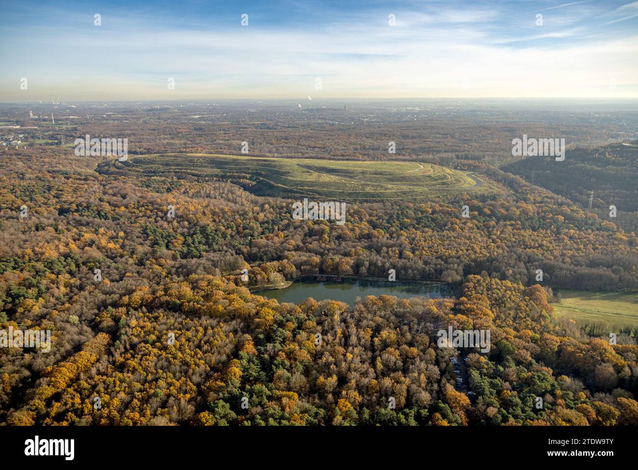 Aerial view, autumn forest with Schöttelheide slag heap and trout lake ...