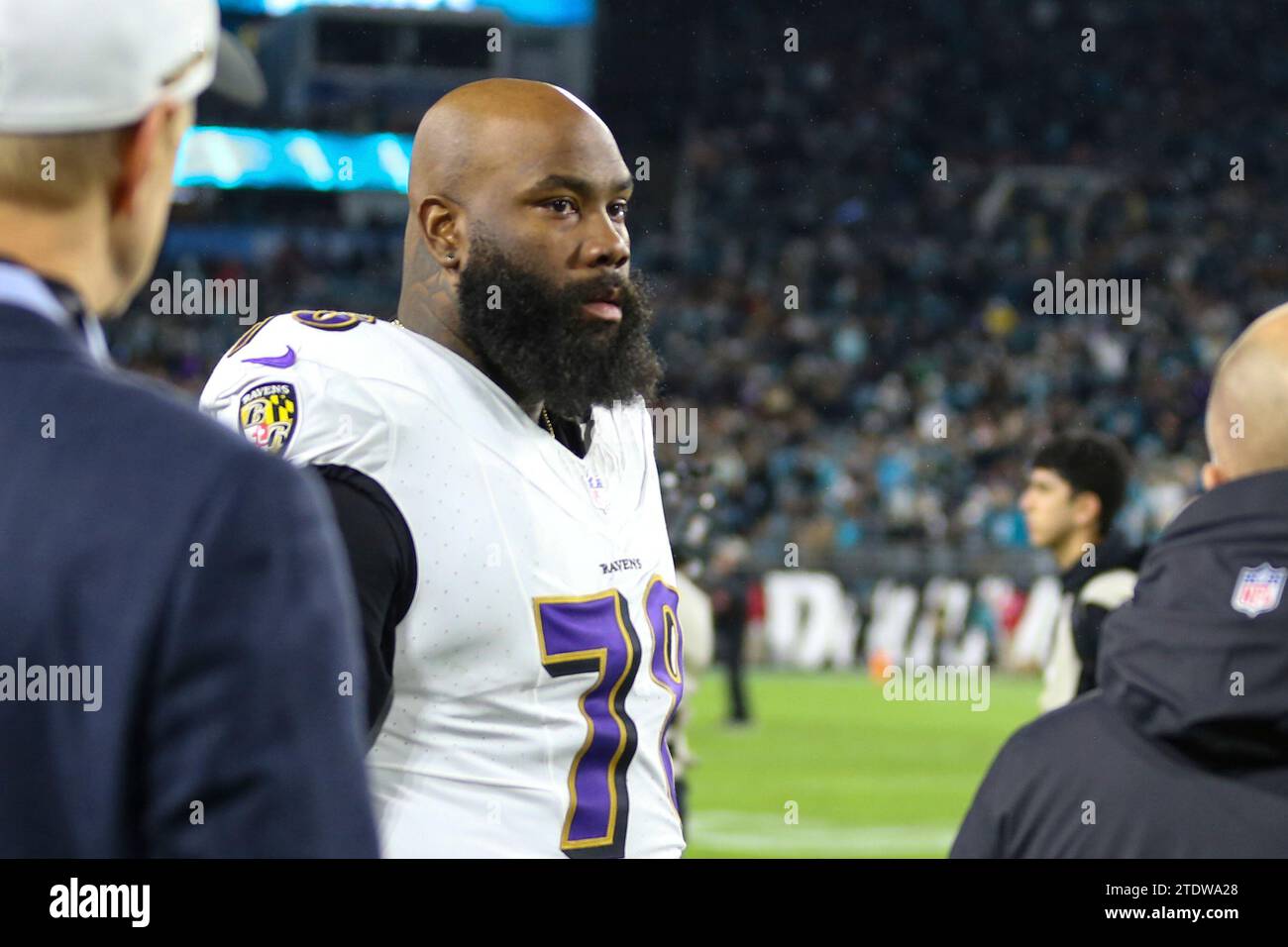 Baltimore Ravens offensive tackle Morgan Moses (78) walks the sidelines ...