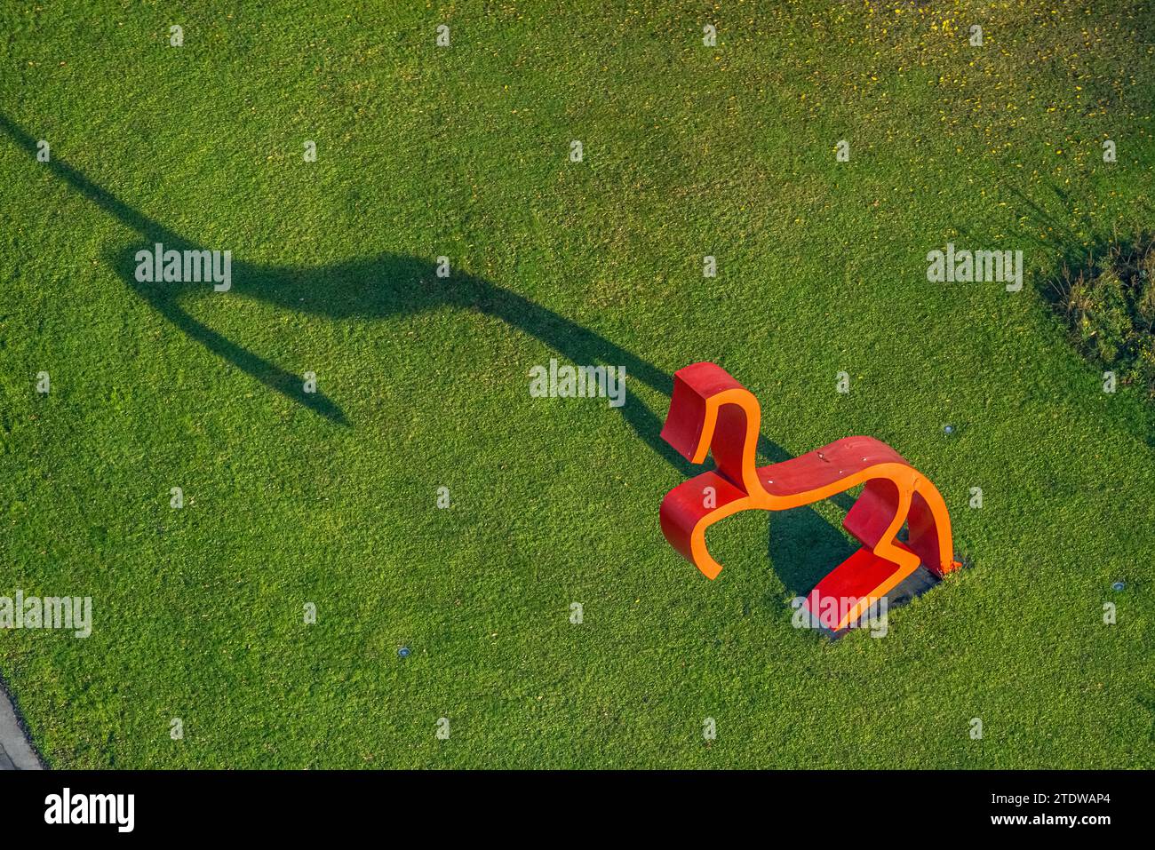 Aerial view, The Red Horse sight Sculpture on a meadow on Kirchhellener ...