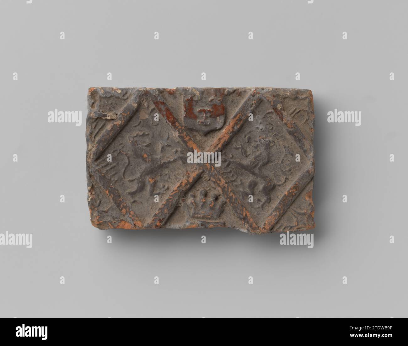 Hearing stone with representation of two climbing lions and a coat of ...