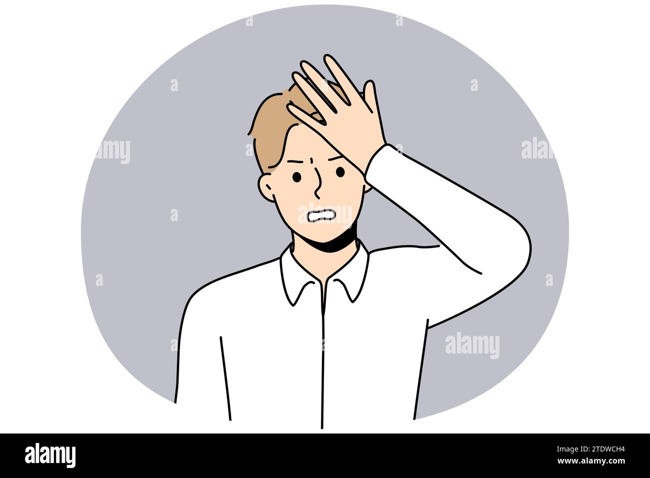 Unhappy young man make hand gesture remembering or forgetting something ...