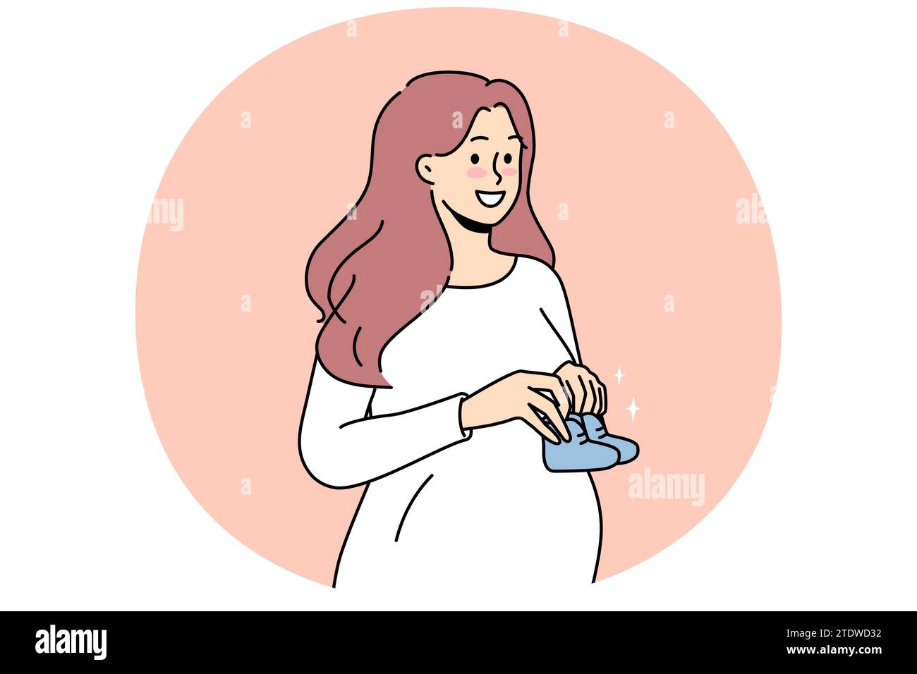 Smiling young pregnant woman holding baby shoes in hands excited about ...