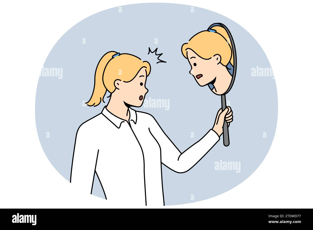 Woman looking in mirror thinking of different part of self. Young ...