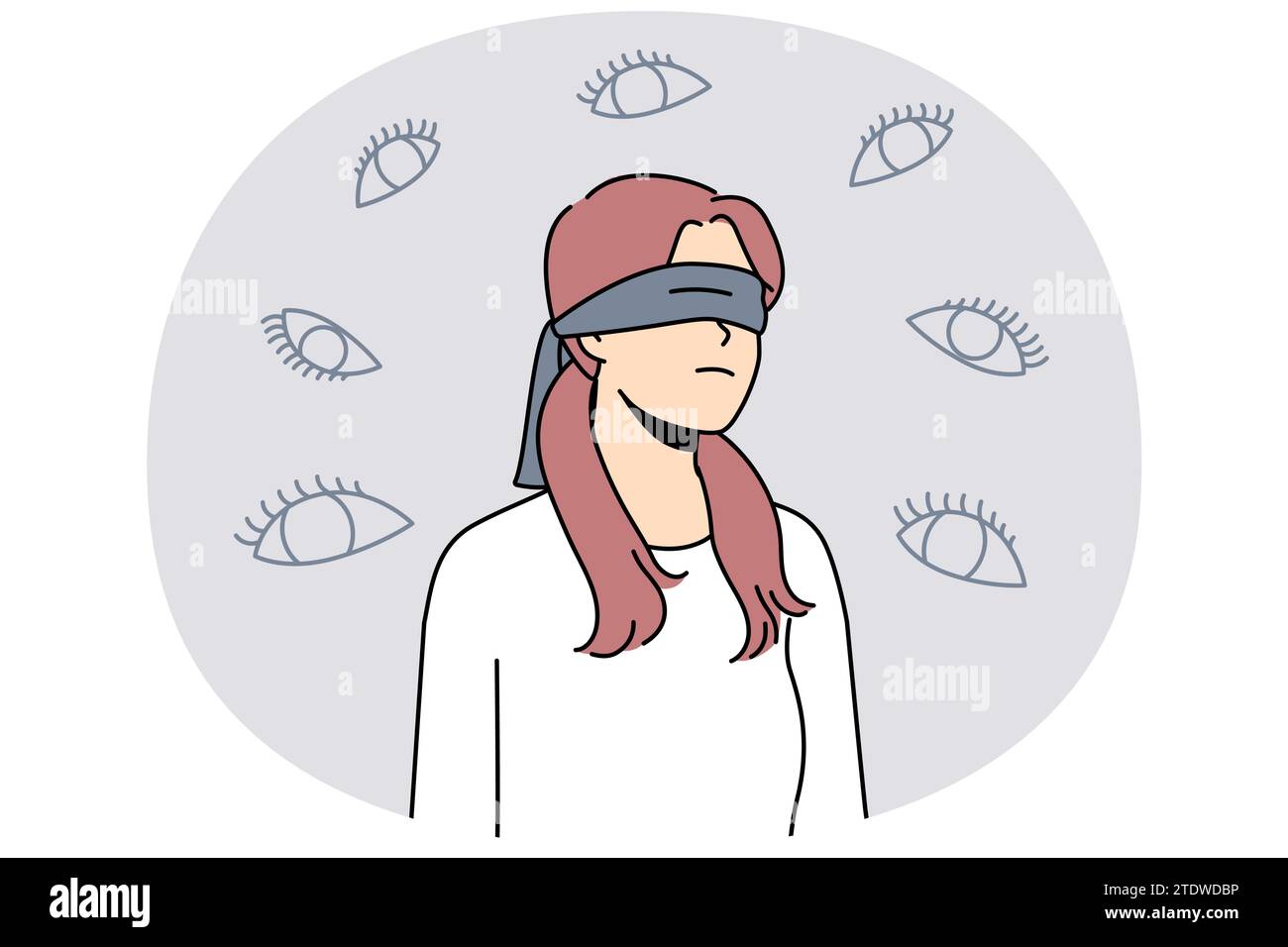 Young woman with cover on eyes feel stalked with various numerous eyes ...