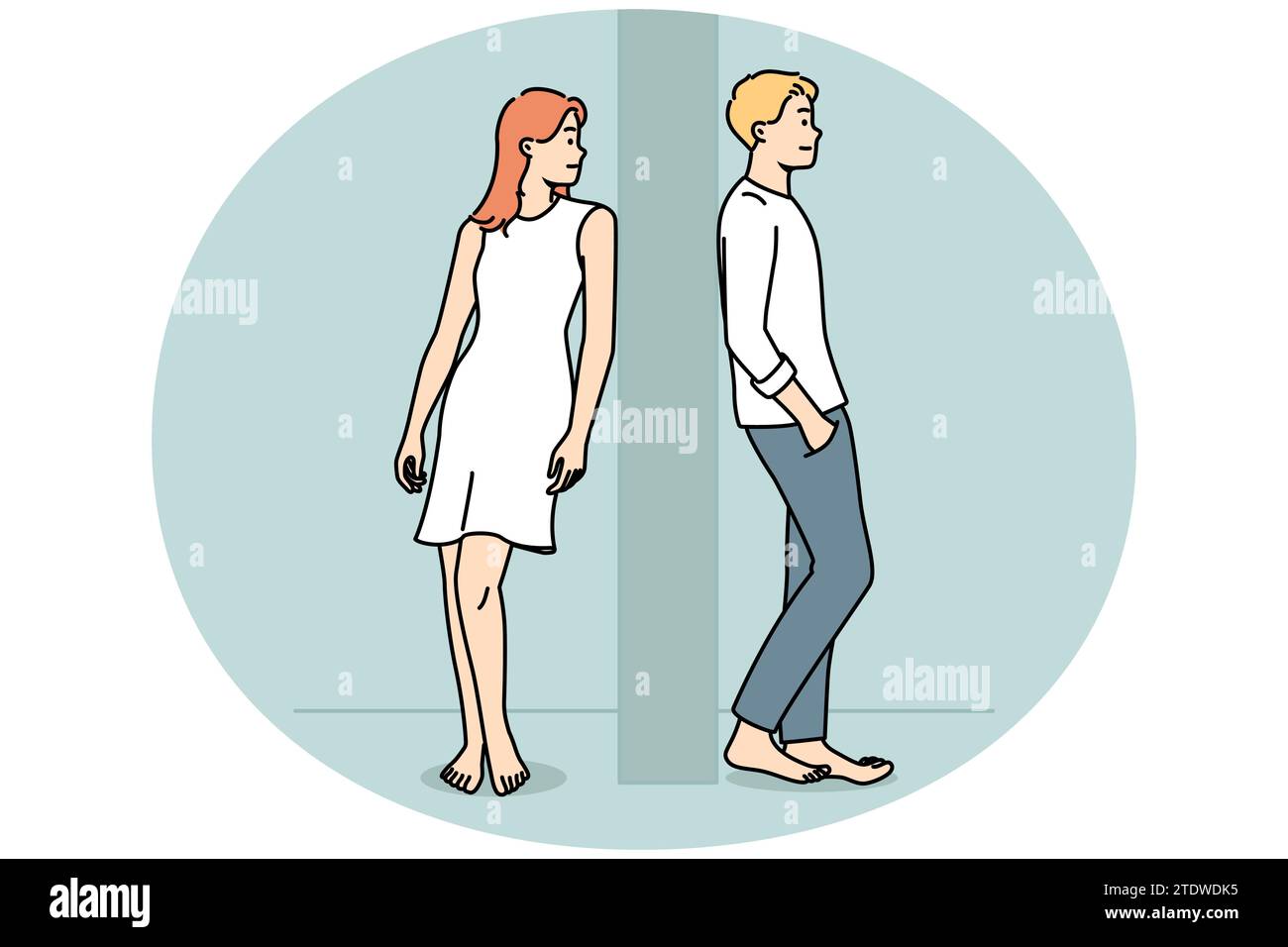 Man and woman separated by wall. Young couple stand on different sides ...
