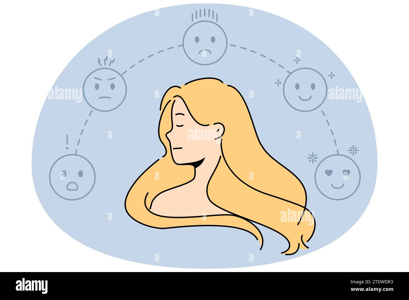 Young woman surrounded with emojis with different emotions. Female feel ...