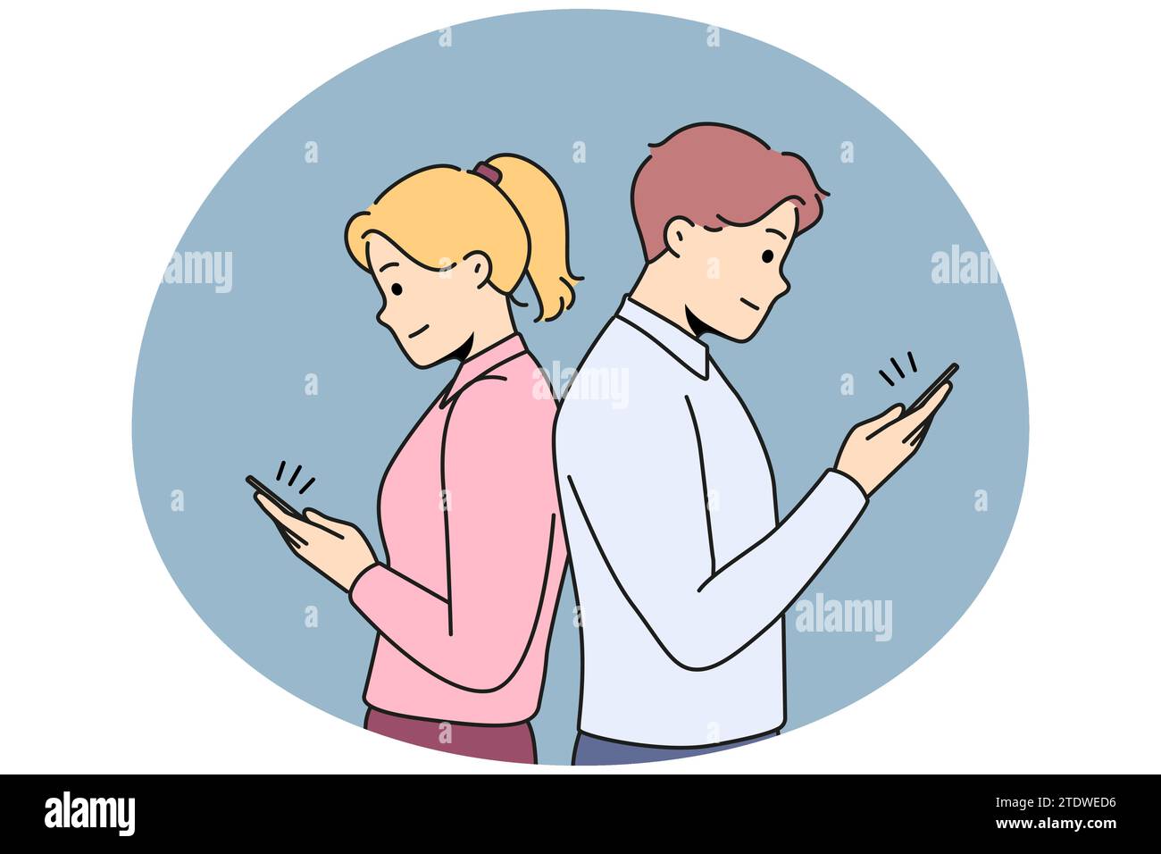 Couple standing back to back texting on cellphones online. Man and ...