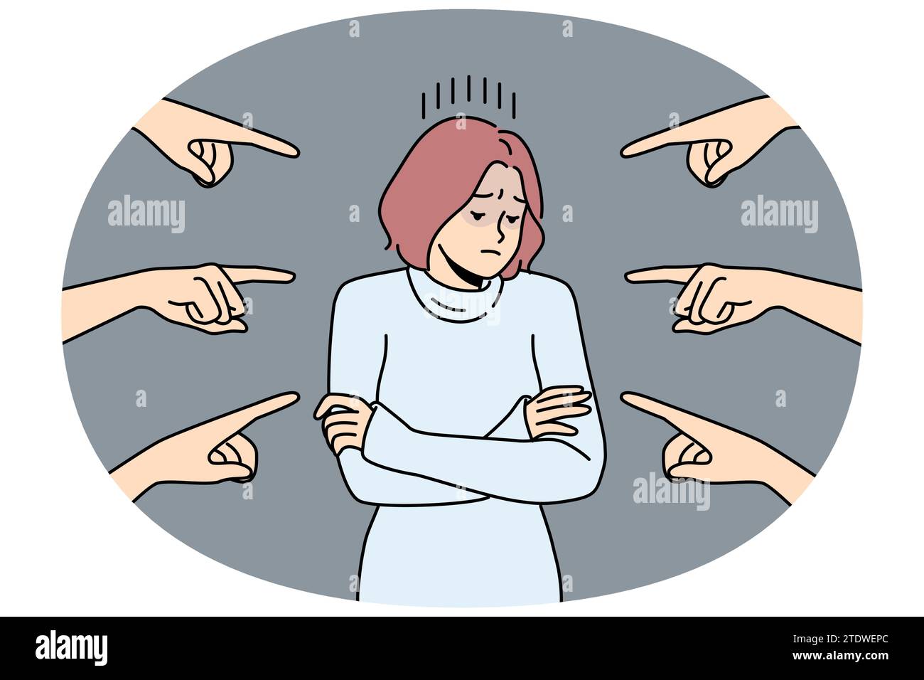 Distressed young woman stand surrounded by numerous fingers pointing ...
