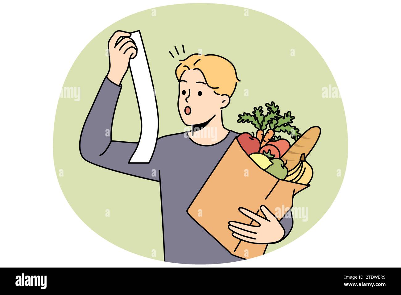Stunned young man with bag or groceries shocked by expenses in ...