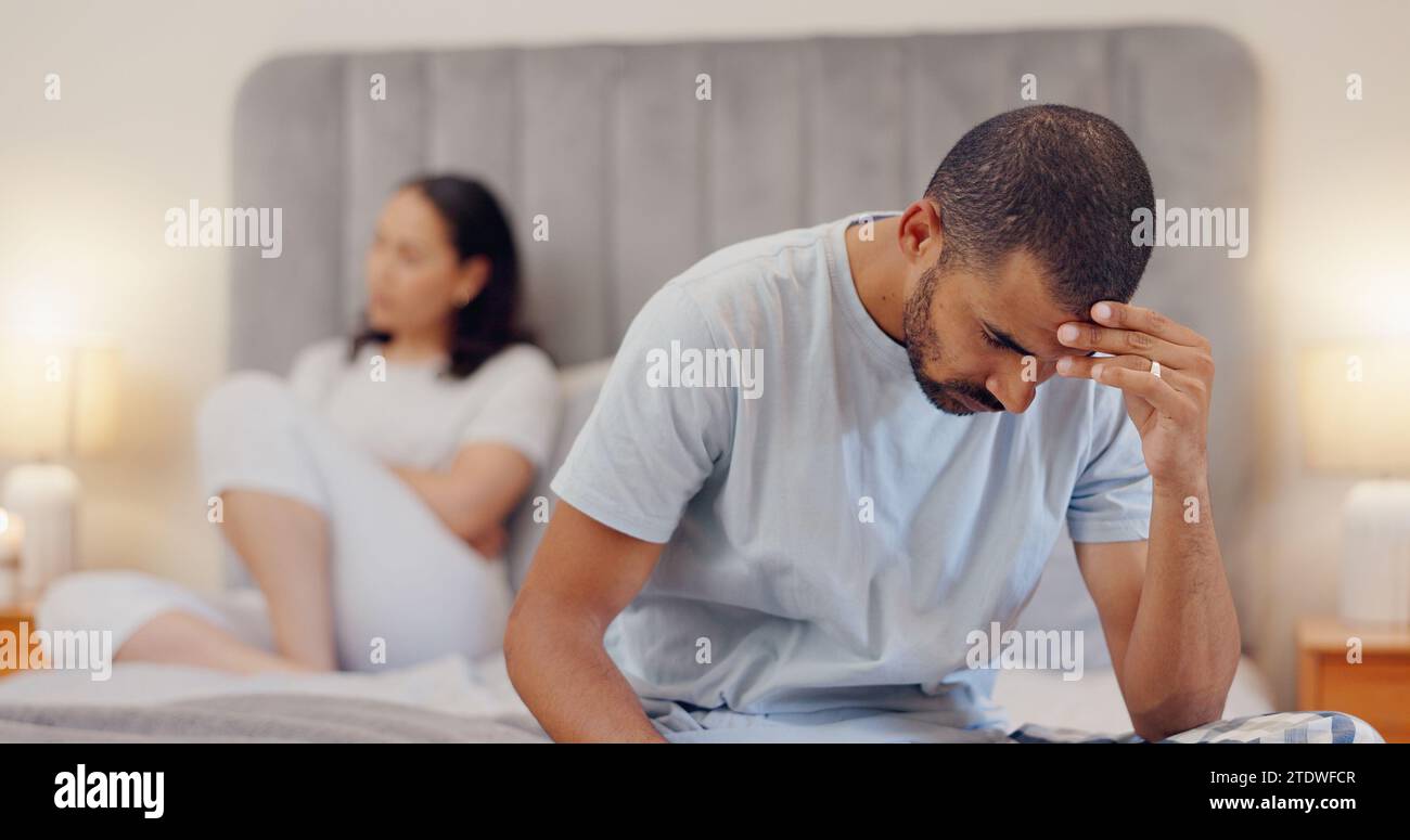 Frustrated couple, bed and divorce in fight, conflict or disagreement ...