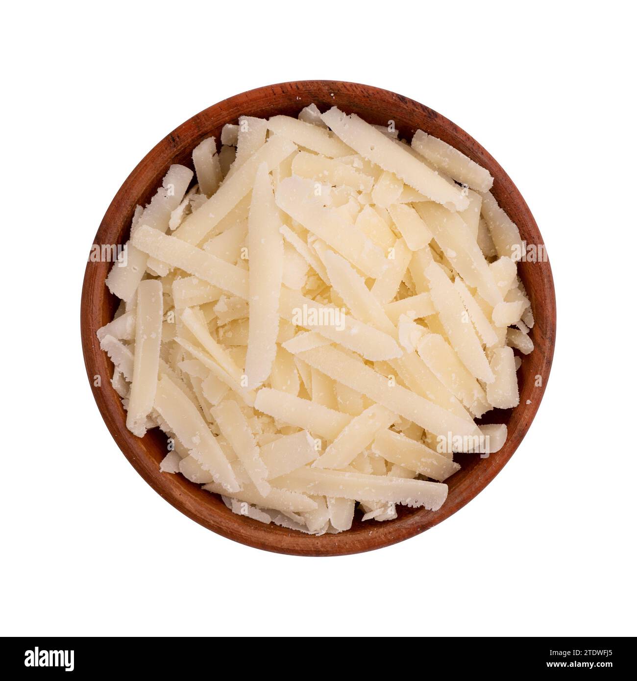 grated cheese parmesan in wooden bowl isolated on white background, top ...