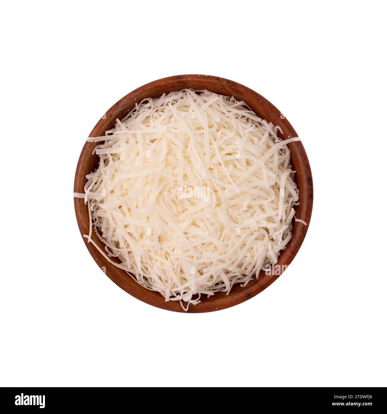 grated cheese parmesan in wooden bowl isolated on white background with ...