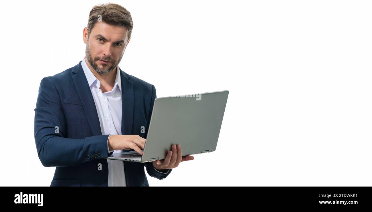 Business man using laptop. Male business man worker watch video on ...