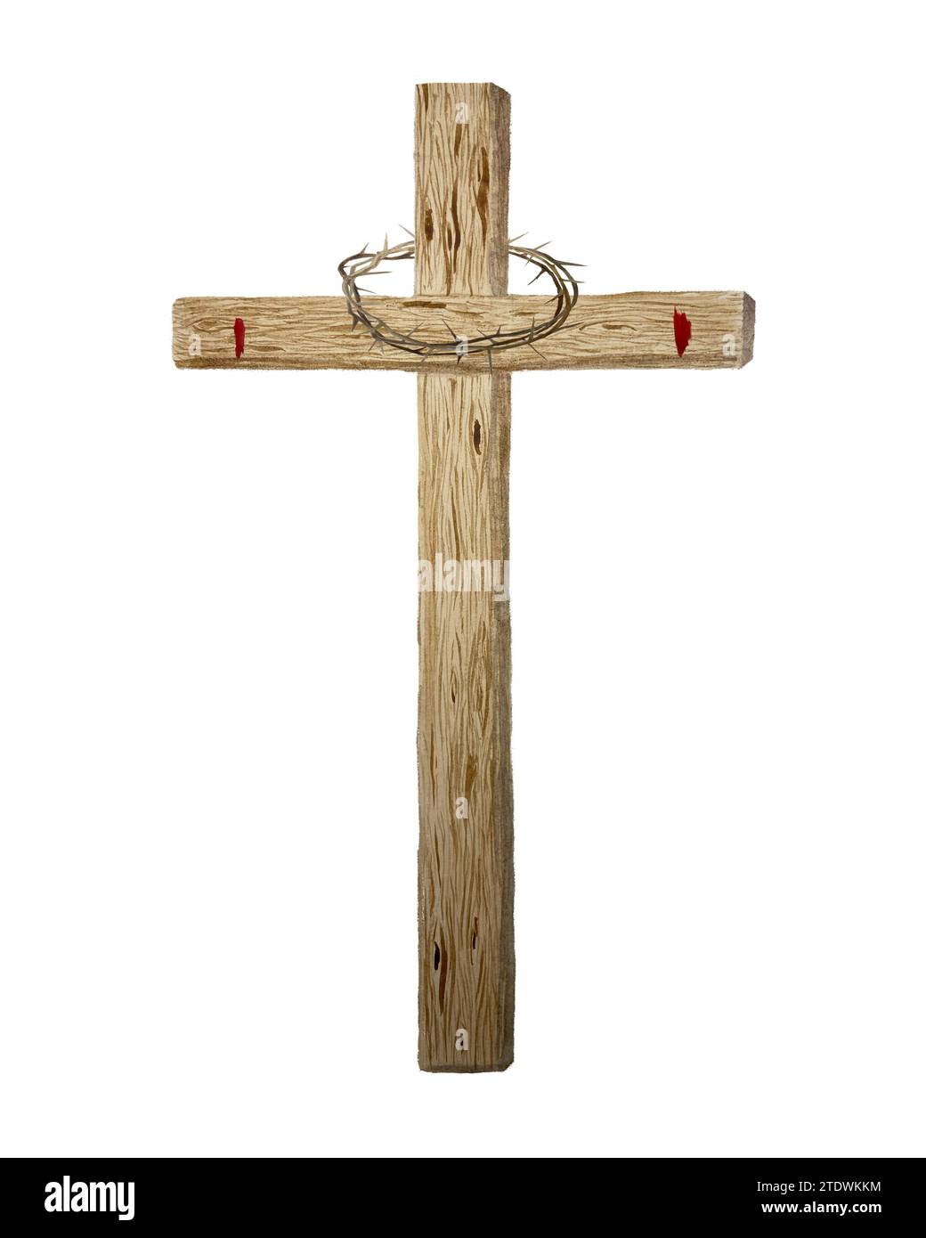 Watercolor wooden cross with crown of thorns for easter, holy Thursday ...