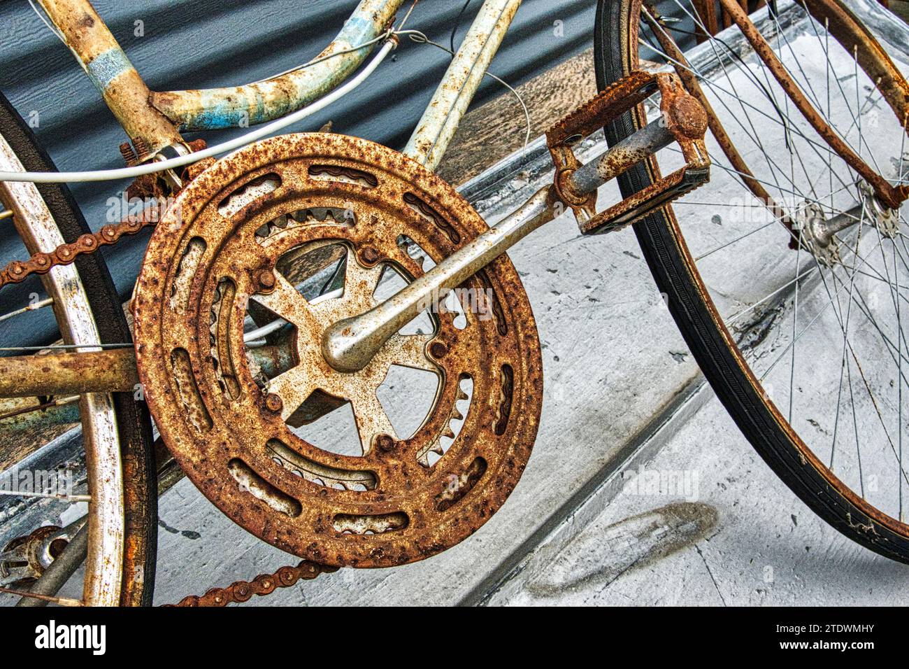 Detail of a rusting mid 20th Century bicycle at a small roadside store ...