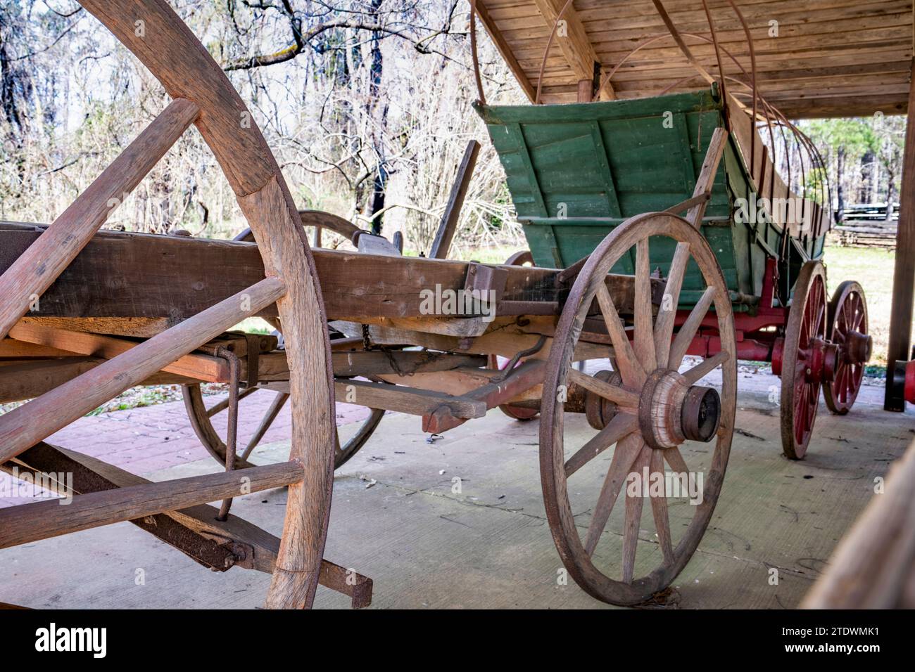 Farm wagons on display at the colonial Moravian settlement in Historic ...