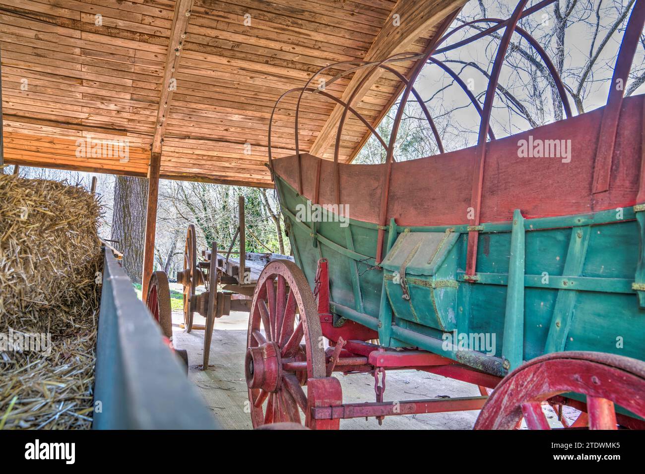 Farm wagons on display at the colonial Moravian settlement in Historic ...