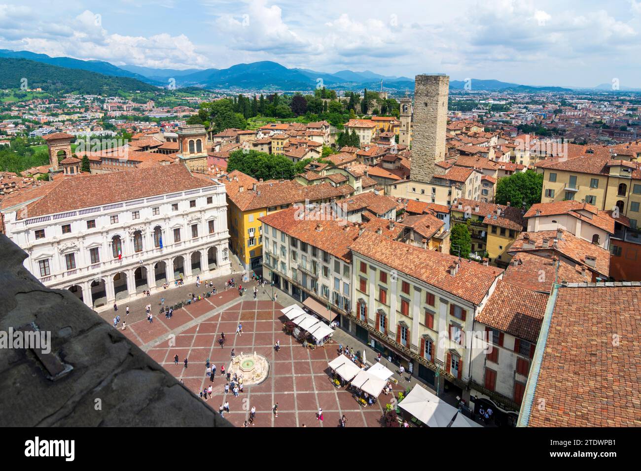 View from tower torre civica campanone to square piazza vecchia hi-res ...