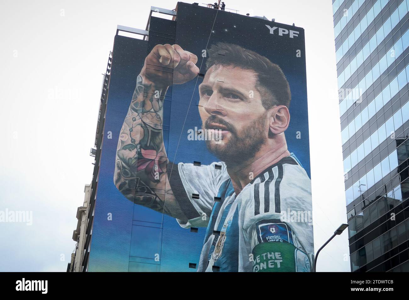 A mural of Lionel Messi is seen on the first anniversary of obtaining ...