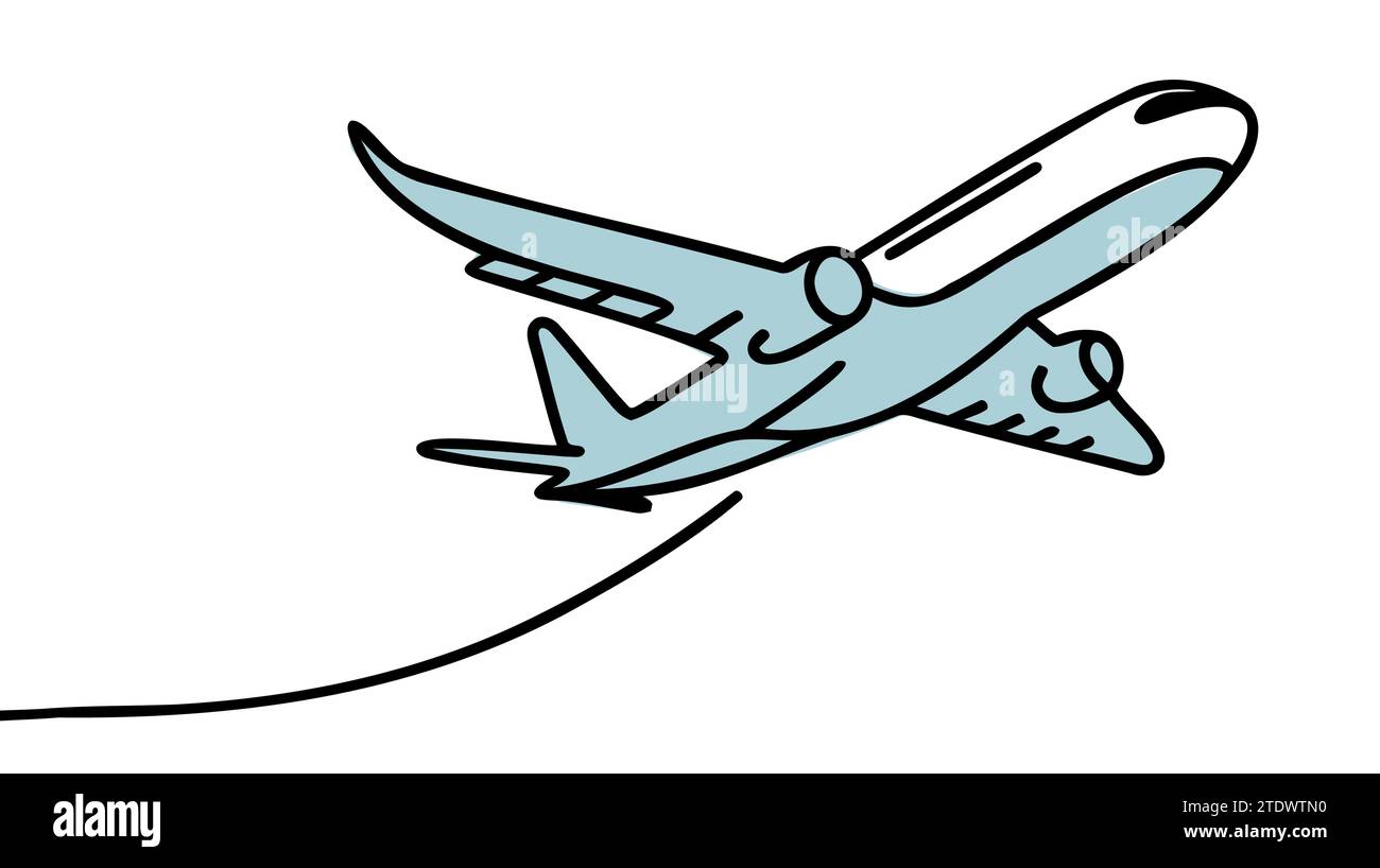 Airplane one line drawing on a white background. Blue Airplane ...